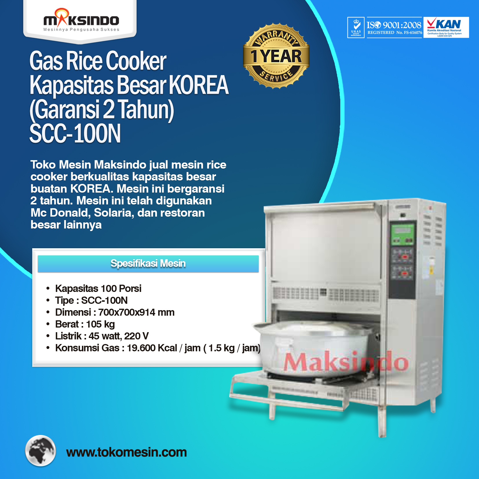 Gas Rice Cooker Kapasitas Besar KOREA SCC-100N - Toko Mesin Maksindo Surabaya
